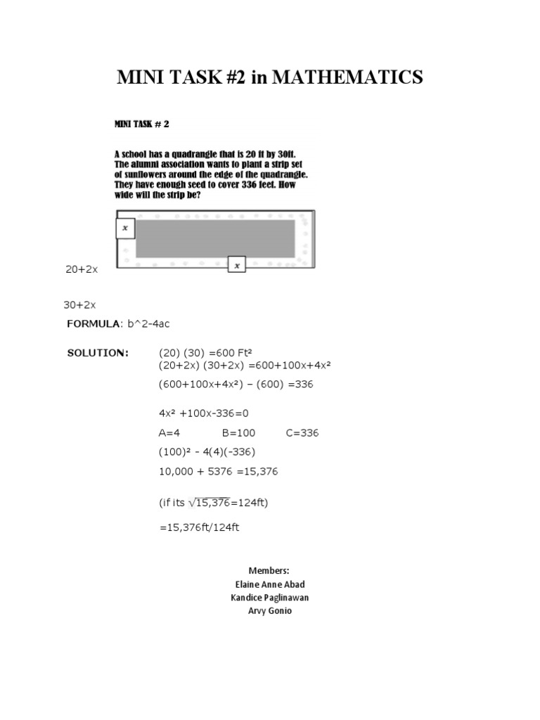 Mini Task in Quadratic Equation | PDF