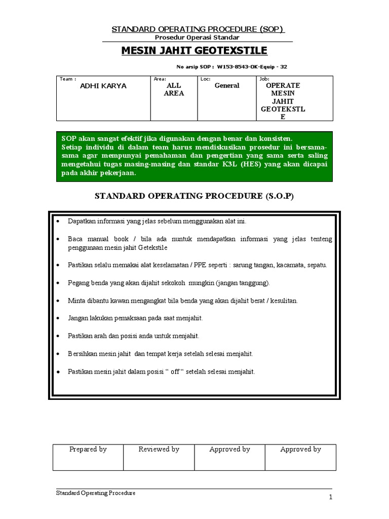 SOP Penggunaan Mesin Jahit Geotekstil | PDF