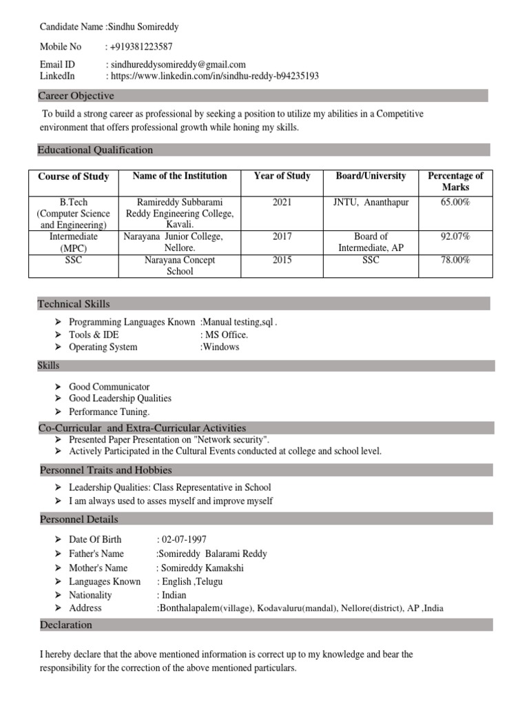 Sindhu Resume | PDF | Career & Growth
