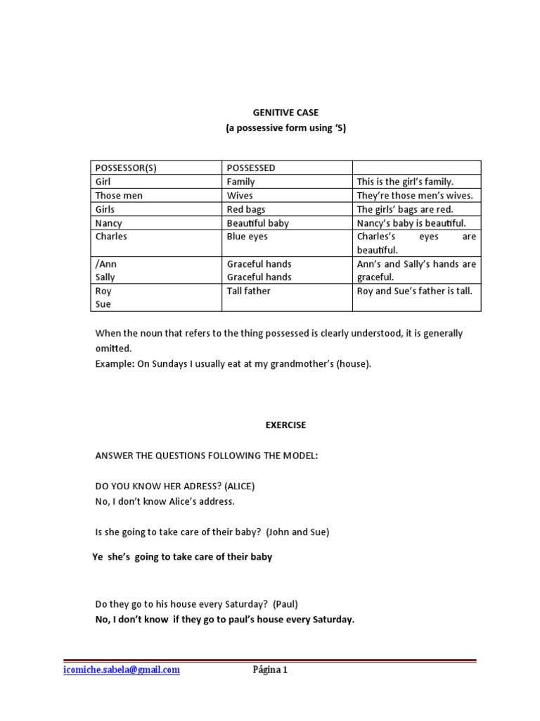 Genitive Case (A Possessive Form Using S) : Pagina 1 | Download Free ...