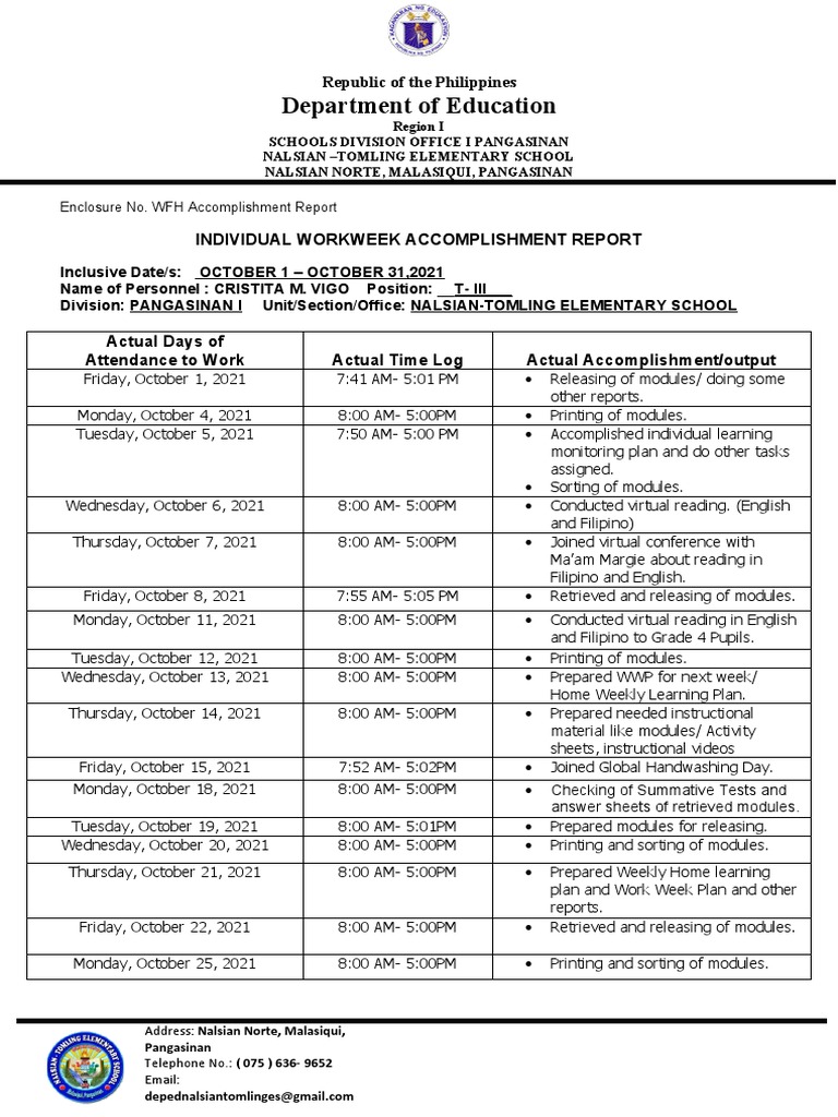 Cristita October 2021 Individual Workweek Accomplishment Report | PDF ...