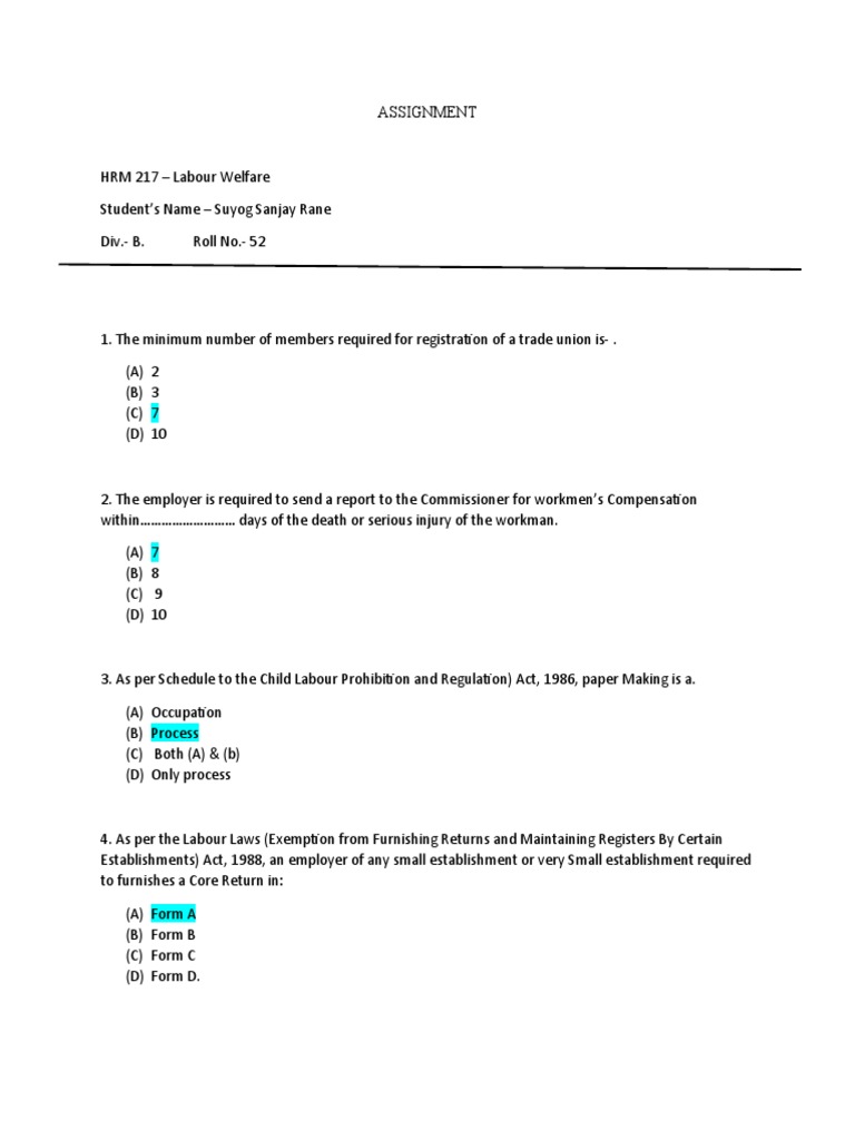 HRM 217 - Labour Welfare MCQs Assignment | PDF | Employment | Justice