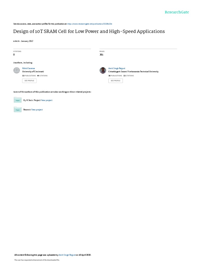 Design of 10T SRAM Cell For Low Power and High-Speed Applications | PDF | Computer Data ...