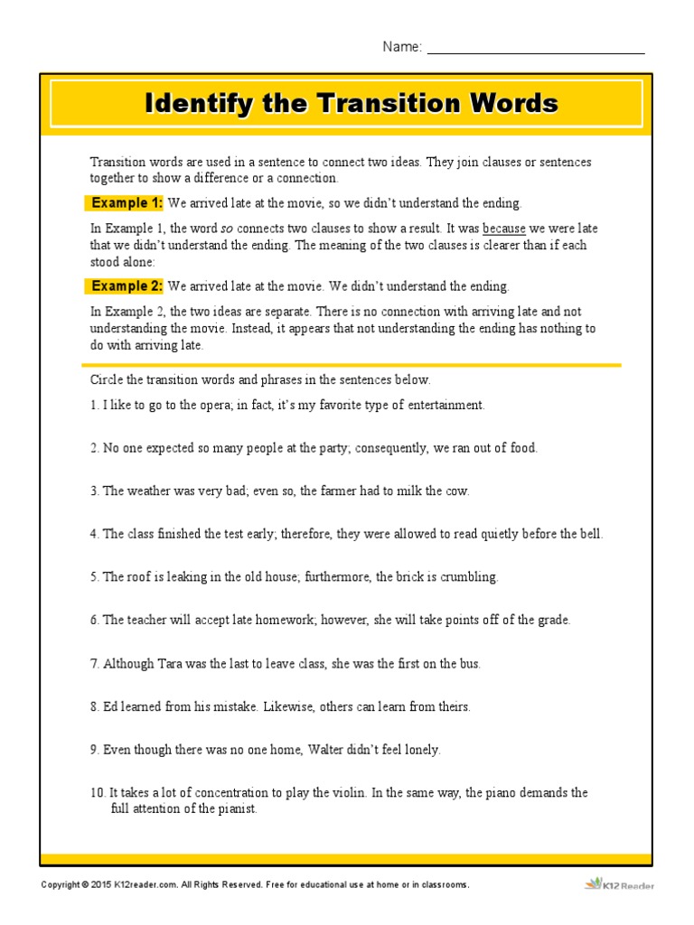 Transitional Phrase Worksheet