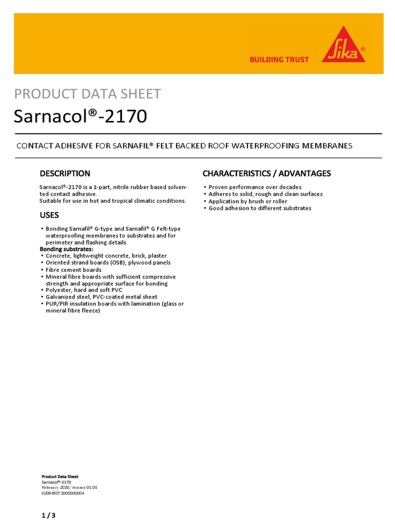 Sarnacol®-2170: Product Data Sheet | PDF | Adhesive | Materials