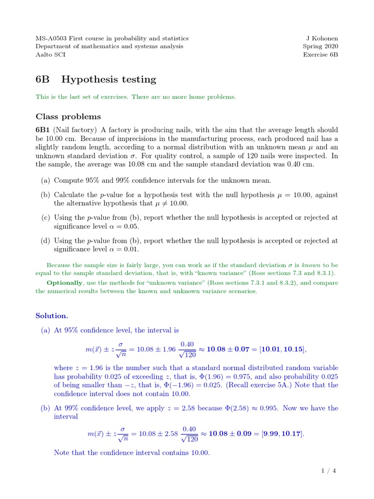 6B Hypothesis Testing: Class Problems | PDF | P Value | Statistical ...