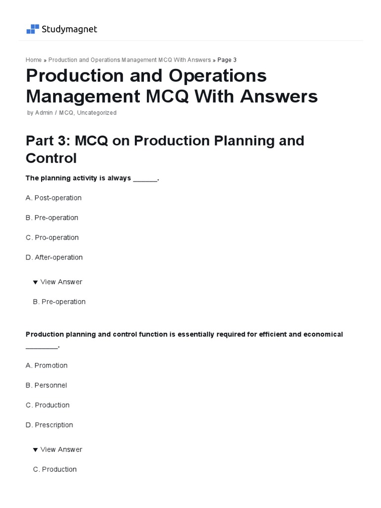 Production and Operations Management MCQ With Answers3 | PDF | Audit ...