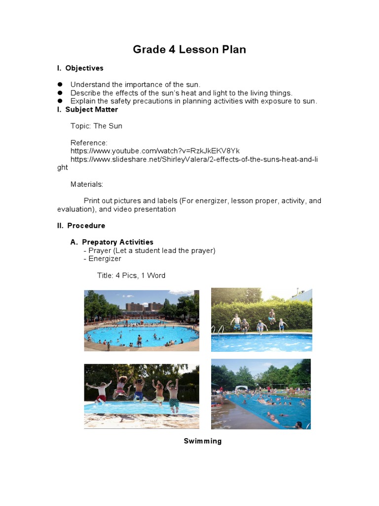Grade 4 Lesson Plan I Objectives Pdf Sun Lesson Plan