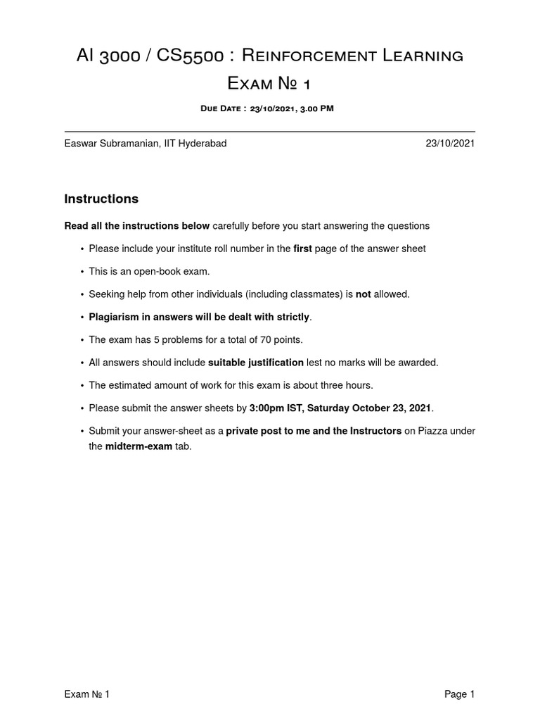 AI 3000 / CS5500: Reinforcement Learning Exam 1: Instructions | PDF | Applied Mathematics ...