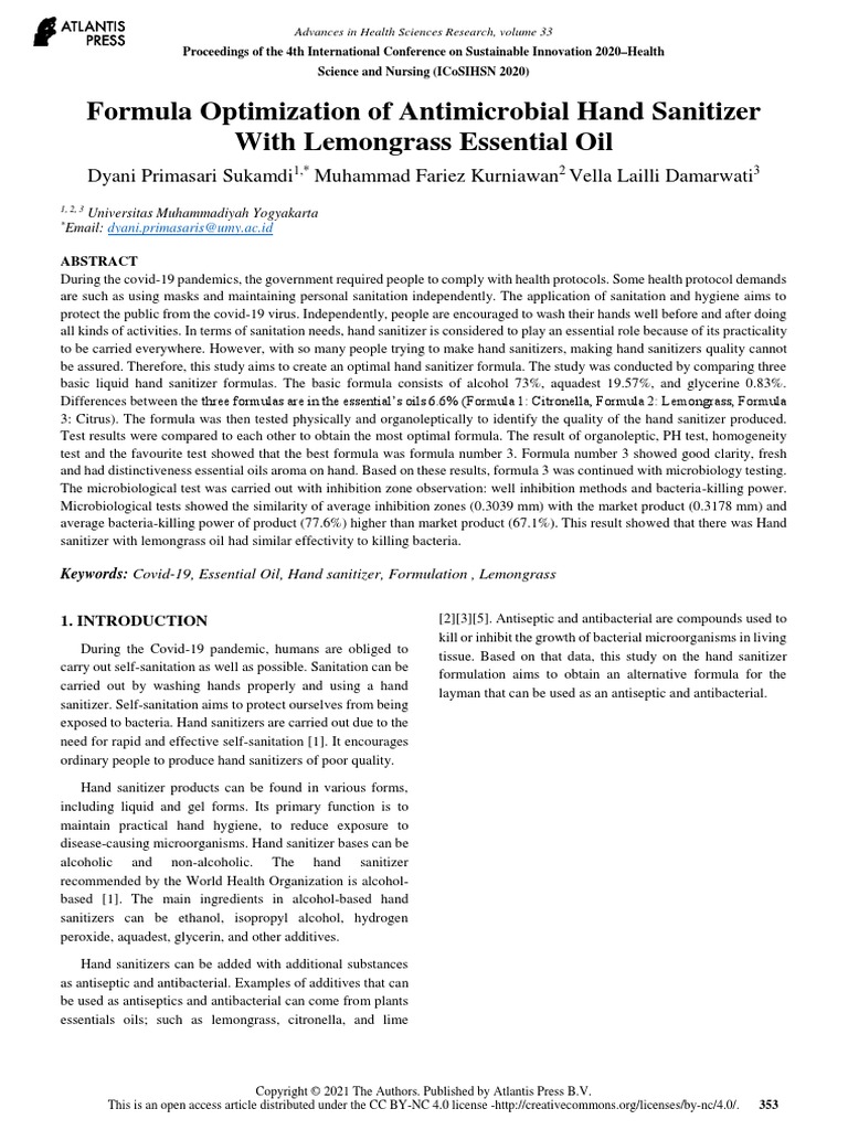 Formula Optimization of Antimicrobial Hand Sanitizer With Lemongrass ...