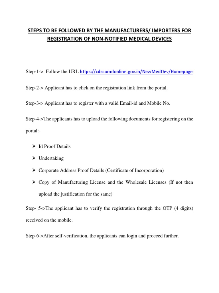Guidance Document For Registration of Non Notified Medical Devices ...