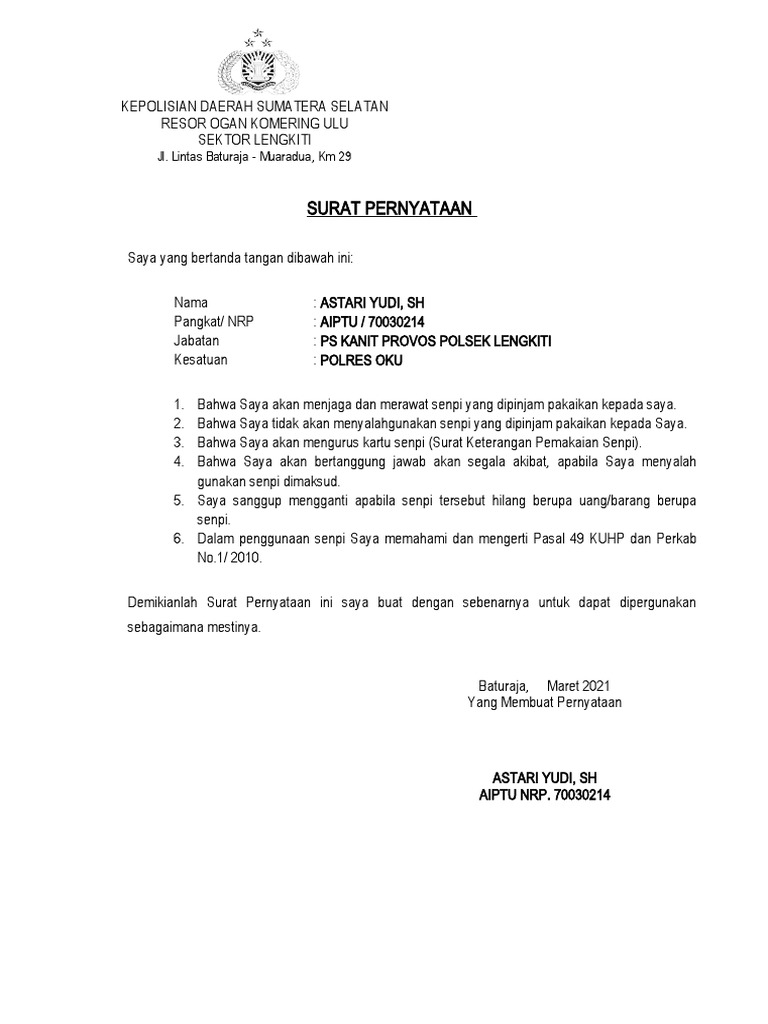 Surat Pernyataan Senpi | PDF