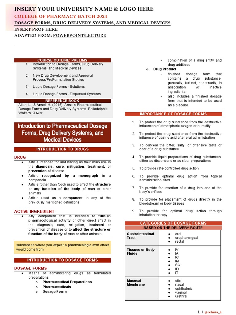 Introduction To Pharmaceutical Dosage Forms, Drug Delivery Systems, and ...