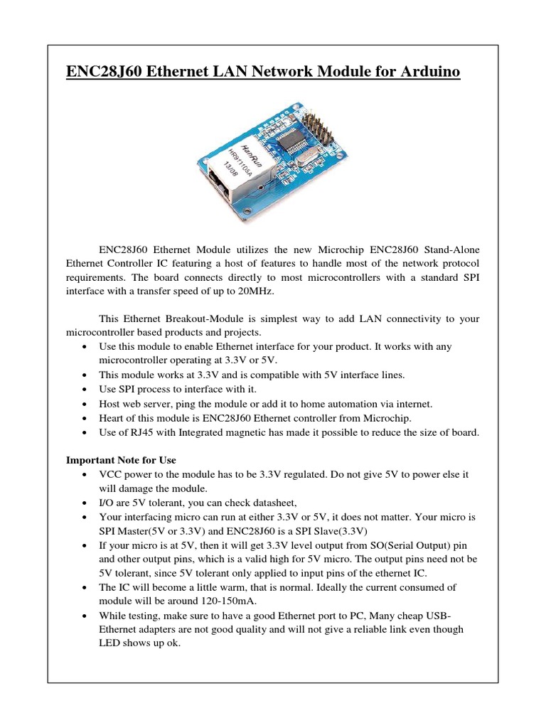 Enc28j60 Ethernet Lan Network Module For Arduino Pdf Arduino Ethernet 6672
