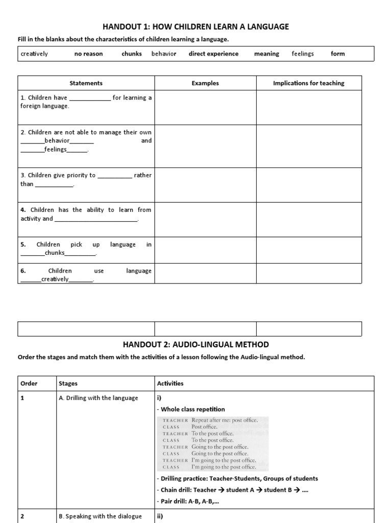 Handout 1: How Children Learn A Language: Fill in The Blanks About The ...