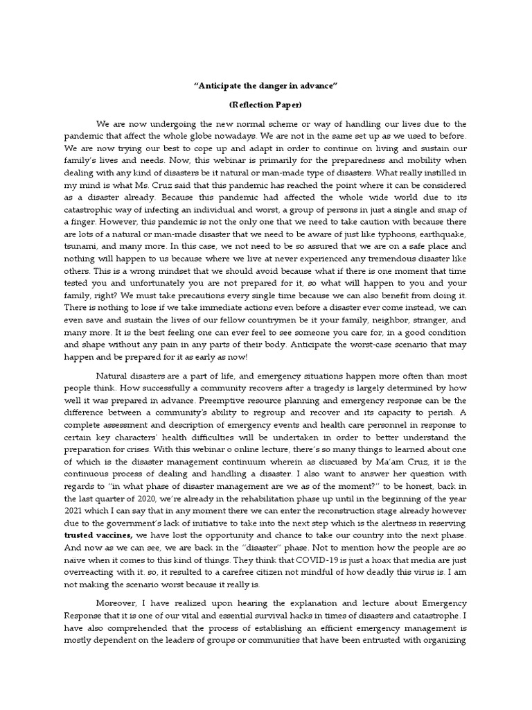 "Anticipate The Danger in Advance" (Reflection Paper) | PDF | Emergency ...