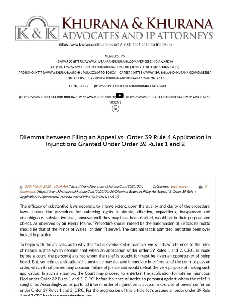 Dilemma Between Filing An Appeal vs. Order 39 Rule 4 Application in ...