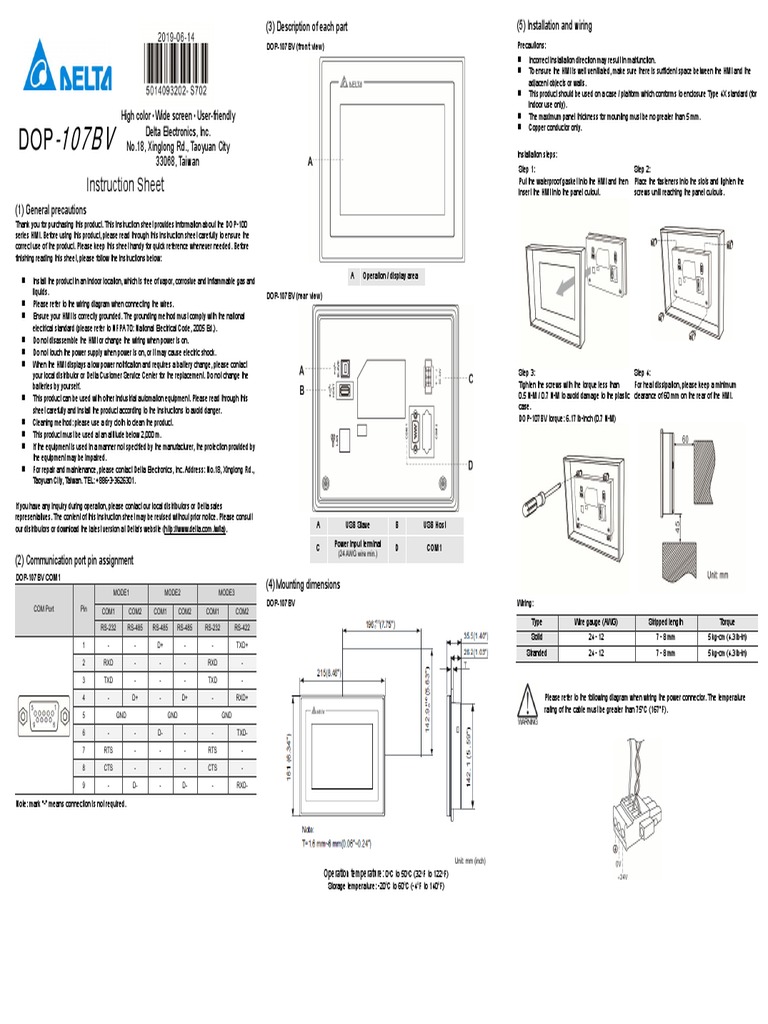 Instruction Sheet: DOP-107BV (Front View) | PDF | Electrical Wiring ...