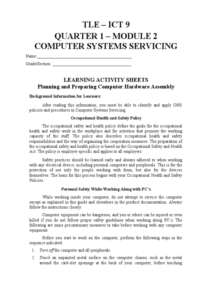 Tle - Ict 9 Quarter 1 - Module 2 Computer Systems Servicing | PDF | Occupational Safety And ...