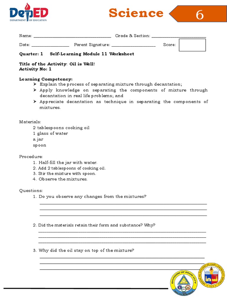 Science 6 - Q1 - DW11 | PDF