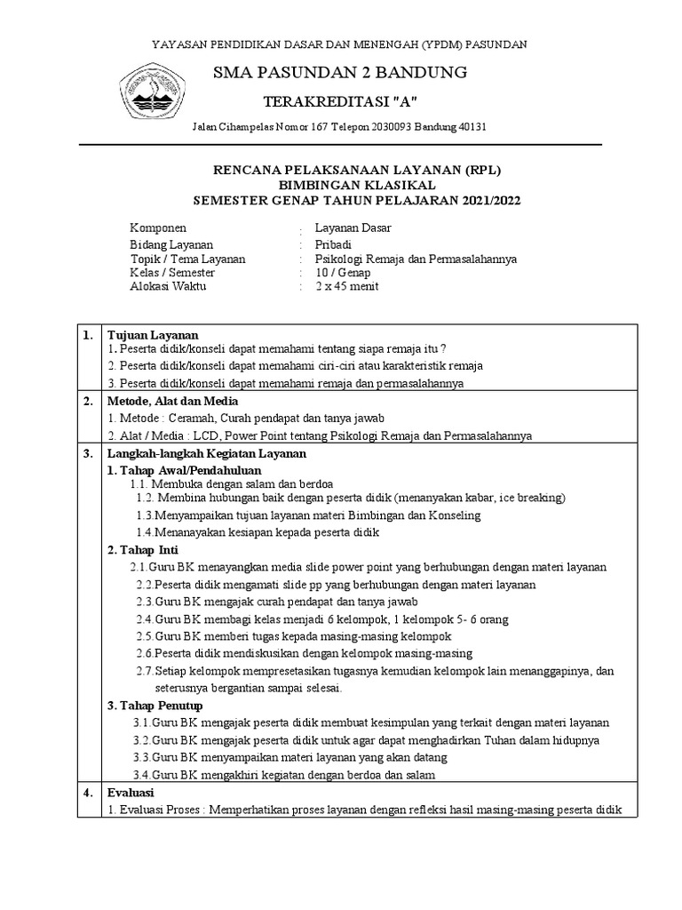 RPL PSIKOLOGI REMAJA DAN PERMASALAHANNYA (Genap) | PDF