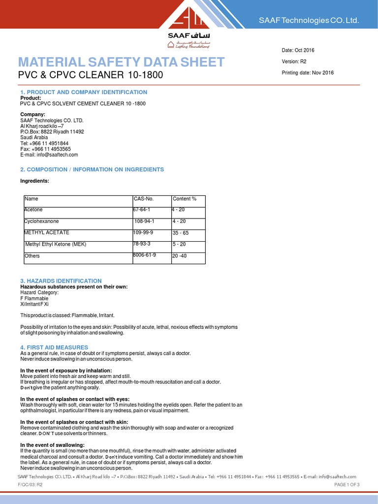 Material Safety Data Sheet: PVC & CPVC Cleaner 10-1800 | PDF ...