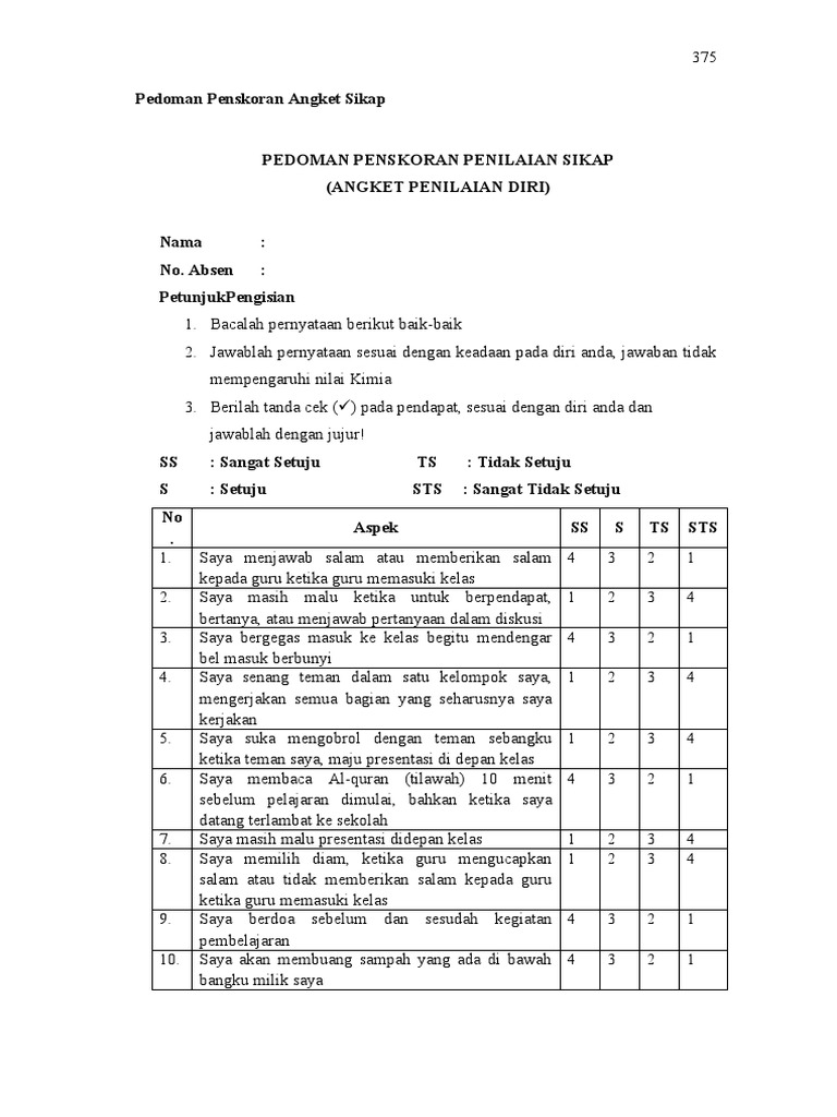 33 Pedoman Penskoran Angket Afektif | PDF