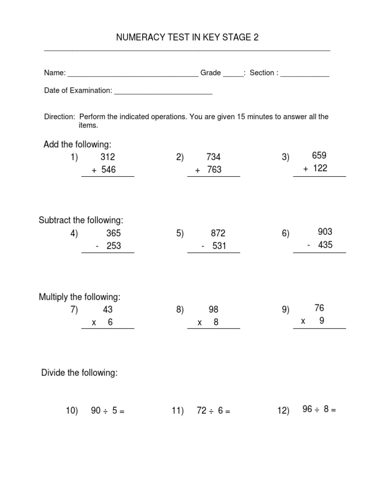 Numeracy Test Key Stage 2 | PDF
