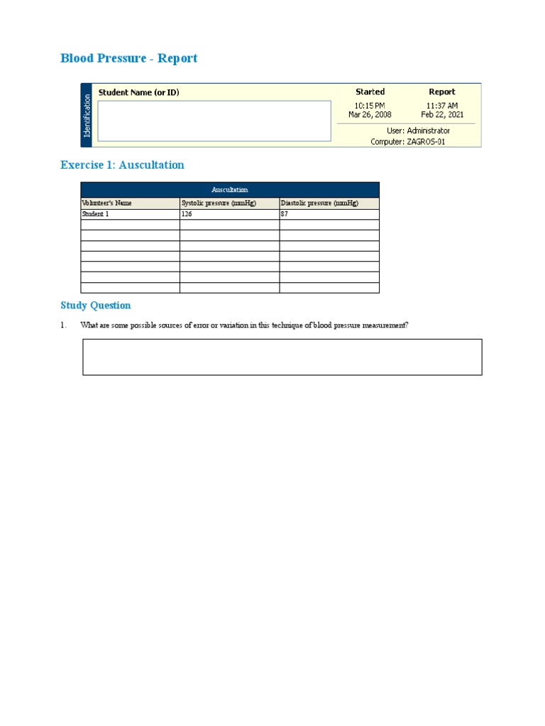 Blood Pressure - Report: Exercise 1: Auscultation | PDF