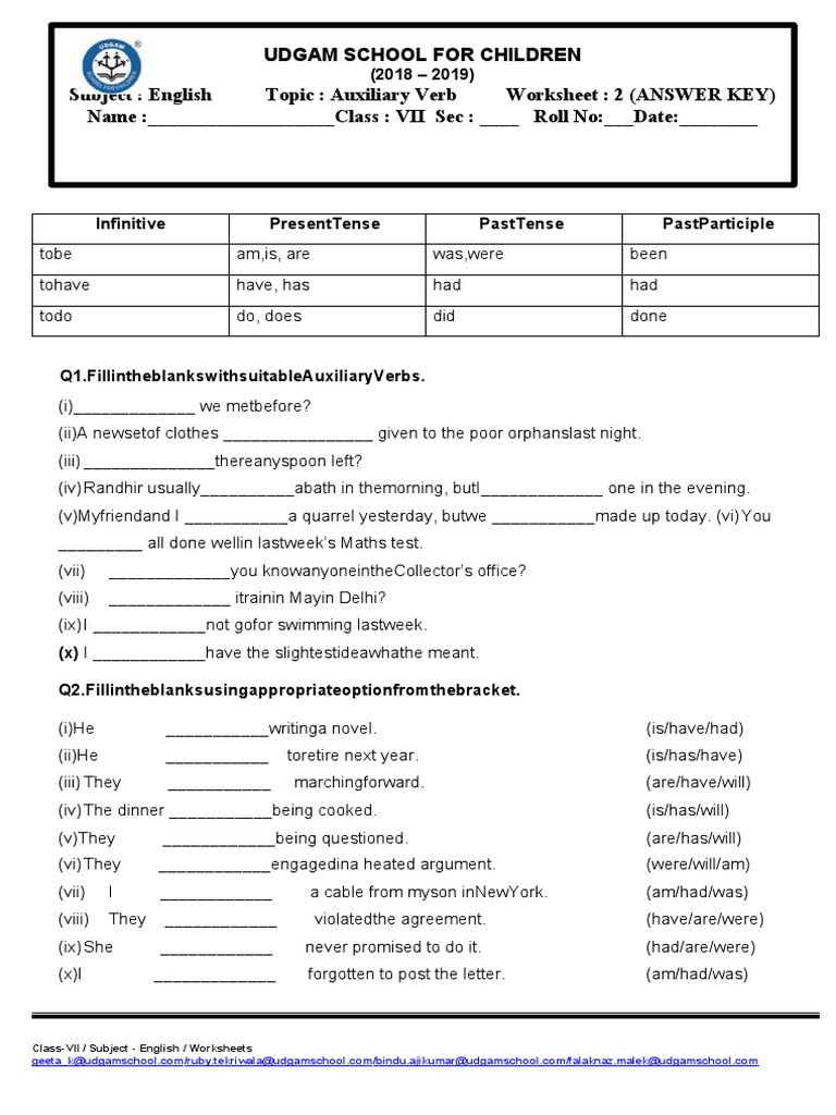 Udgam School For Children Subject: English Topic: Auxiliary Verb ...
