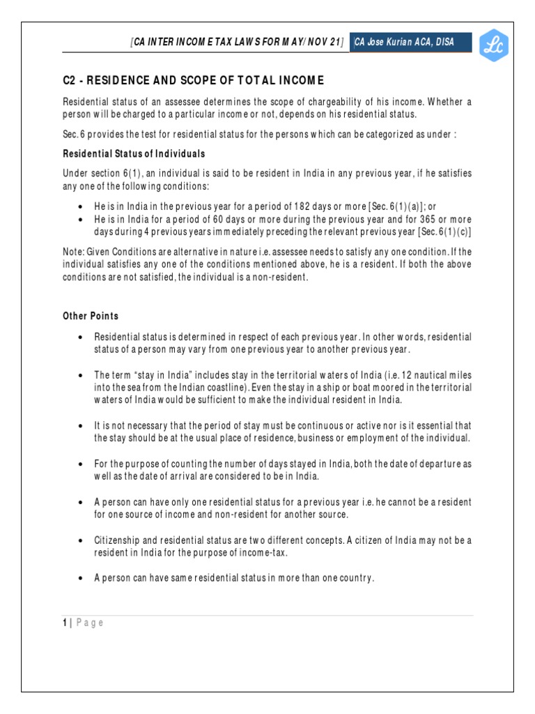 Lesson 2 Residential Status & Scope of Total Income | PDF | Taxation In ...