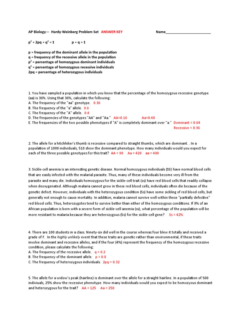 AP Biology Hardy-Weinberg Answer Key | PDF | Dominance (Genetics ...