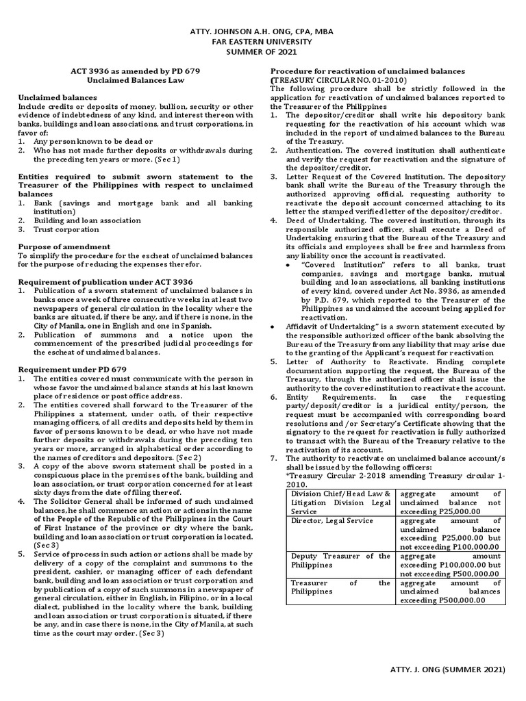 Unclaimed Balances Law Lecture Notes | PDF | Banks | Deposit Account