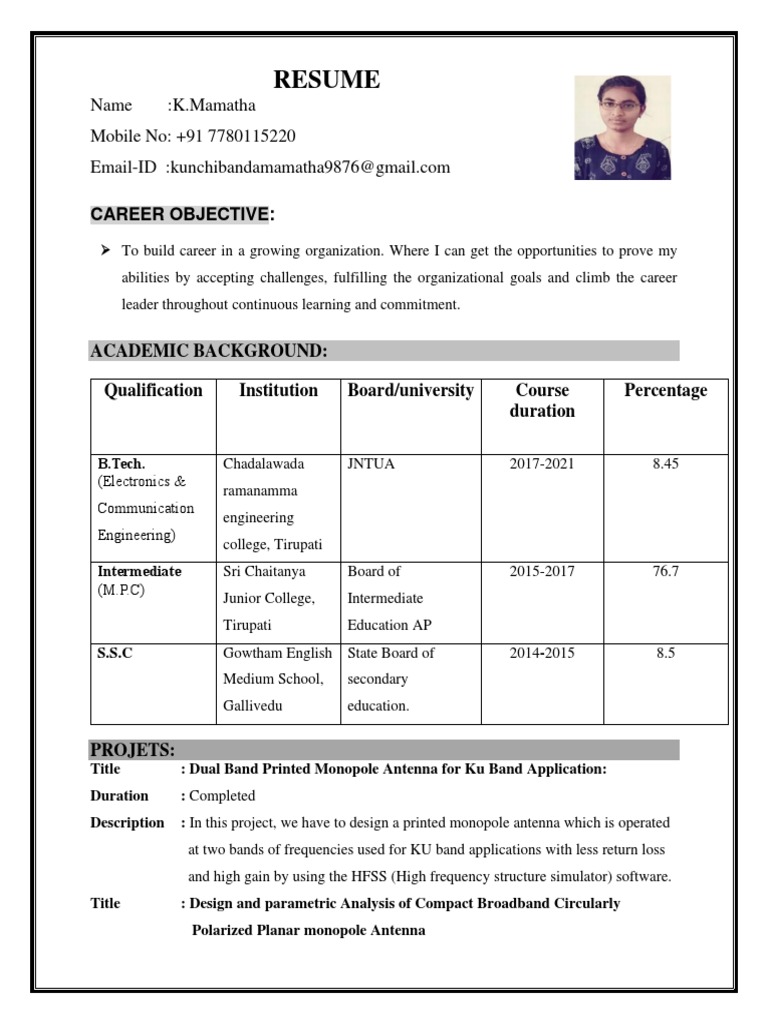 Mamatha Resume Final1 | PDF | Antenna (Radio) | Bandwidth (Signal Processing)