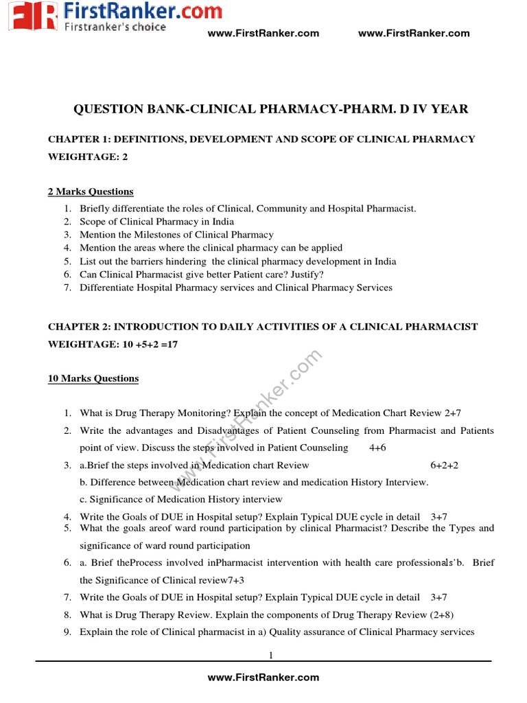 Question Bank-Clinical Pharmacy-Pharm. D Iv Year | PDF | Pharmacy | Pharmacovigilance