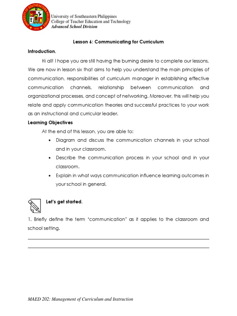 Lesson 6 - MAED 202 | PDF | Communication | Curriculum