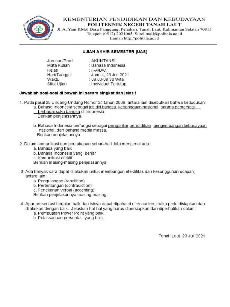Soal UAS B. Indonesia, 21 | PDF