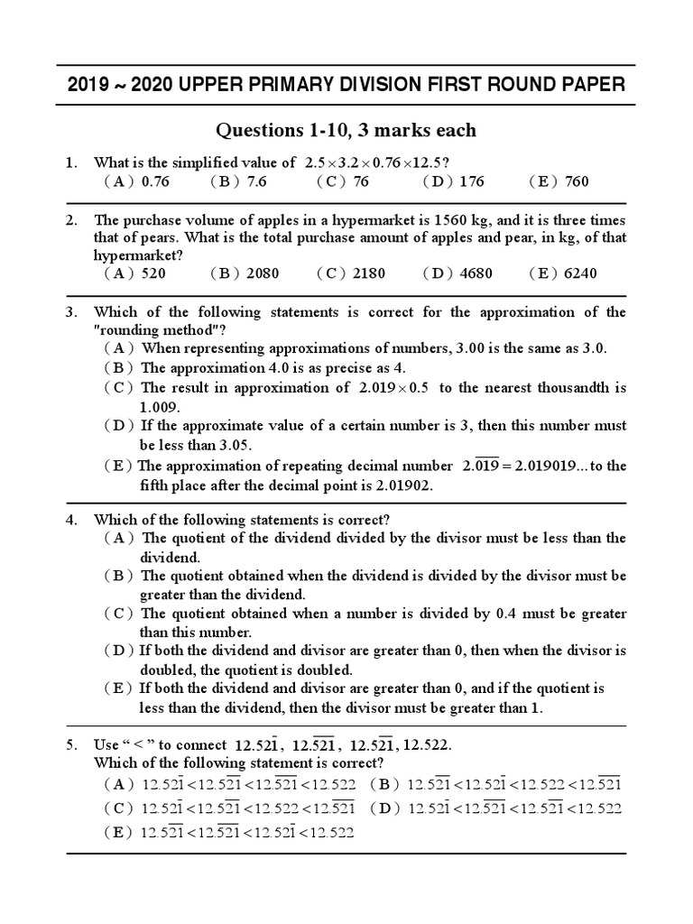2019 2020 Upper Primary Division First Round Paper Questions 1-10, 3 ...