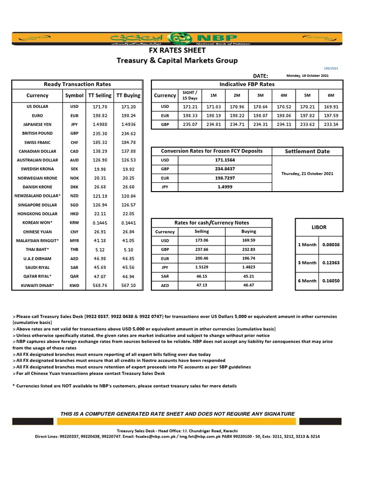 NBP Currency Rate Sheet - Oct 2021 | PDF | Japanese Yen | Renminbi