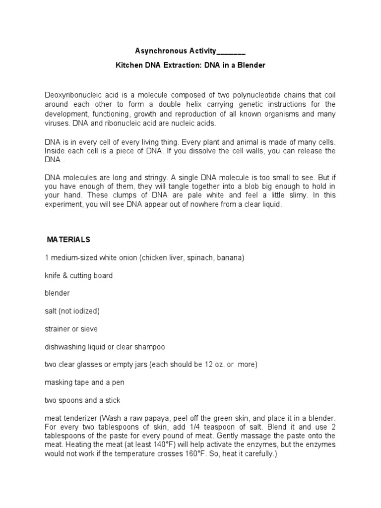 Kitchen DNA Extraction | PDF | Dna | Cell (Biology)