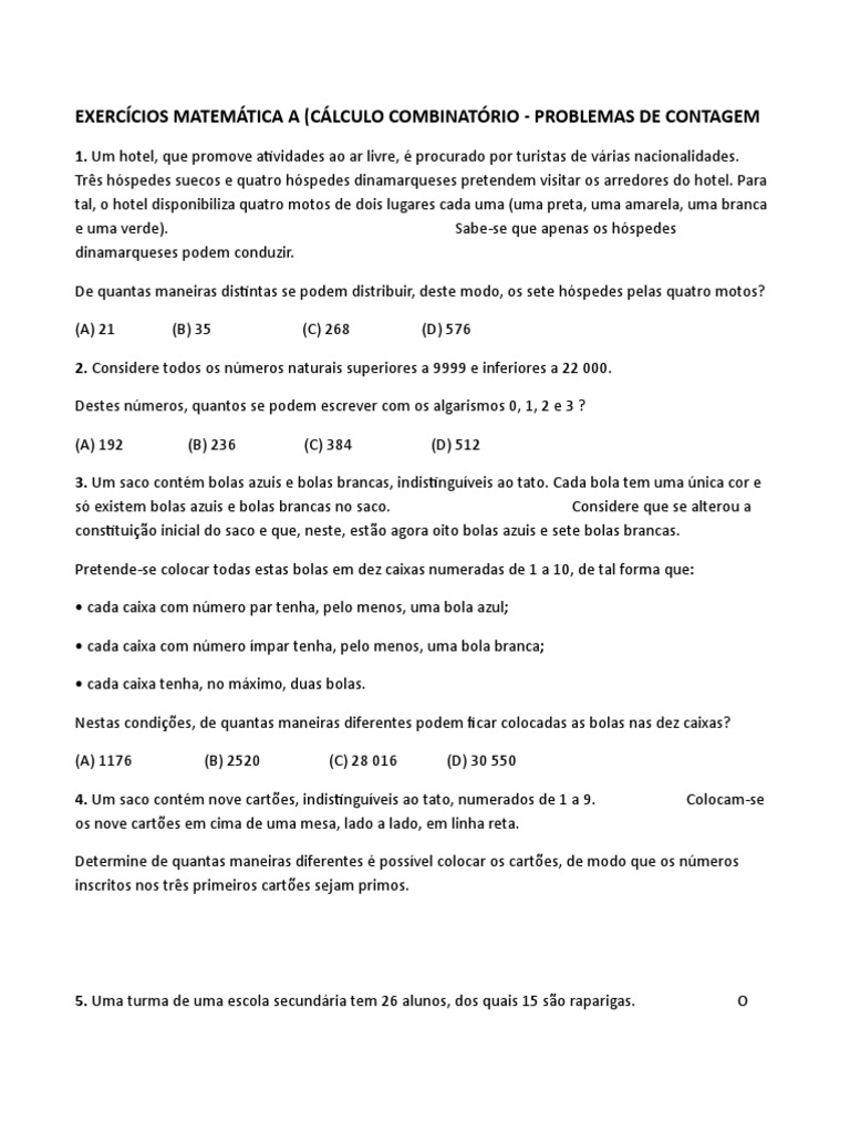 Exercícios MAT A - Problemas de Contagem | PDF | Portugal | Hóquei no gelo