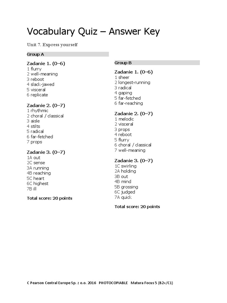 Vocabulary Quiz Unit 7 - Answer Key Groups A I B | PDF