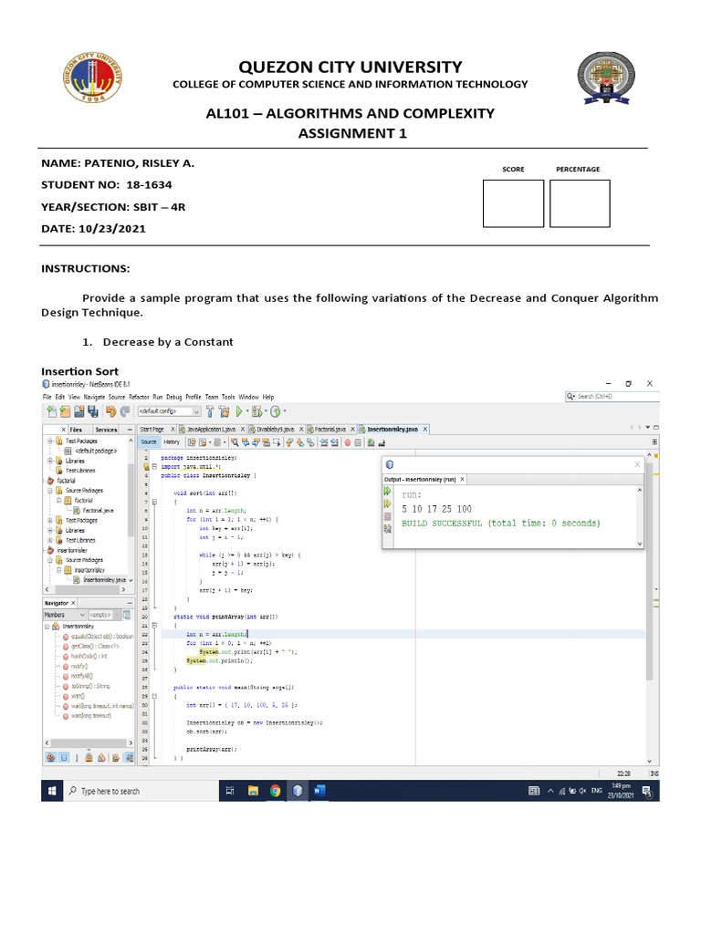 Quezon City University: Al101 - Algorithms and Complexity Assignment 1 | PDF | Technology ...