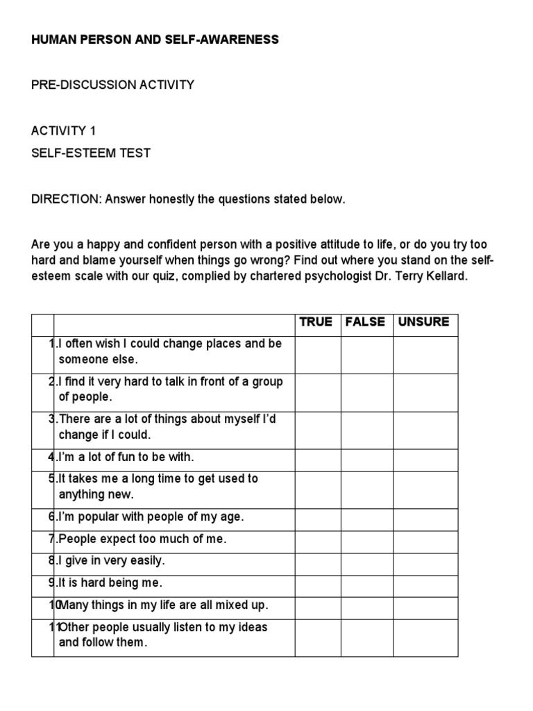 Human Person and Self-Awareness | PDF | Self Esteem | Value (Ethics)