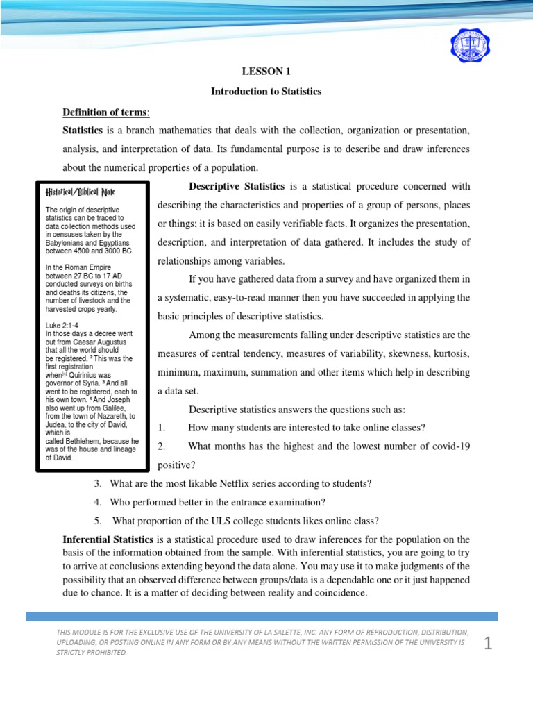 Module 6 Lesson 1 | PDF | Sampling (Statistics) | Level Of Measurement