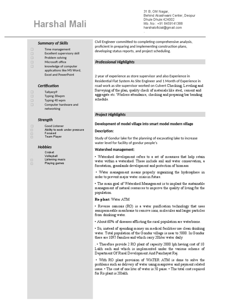 Harshal Mali: Summary of Skills | PDF | Water