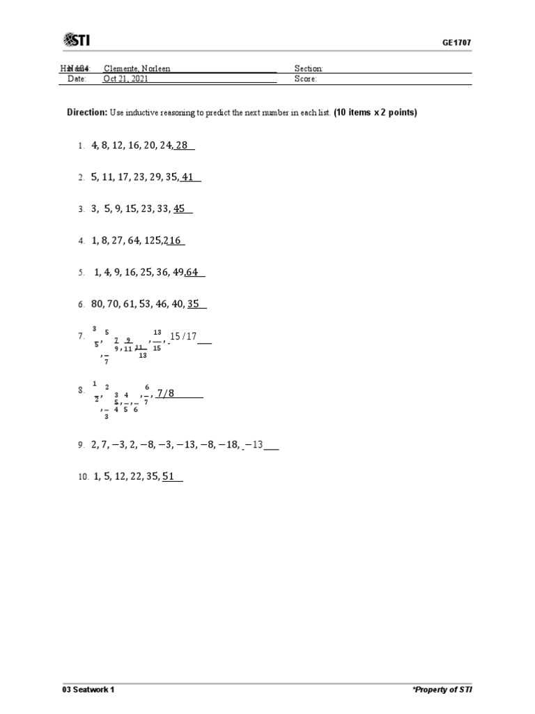 Direction: Use Inductive Reasoning To Predict The Next Number in Each ...