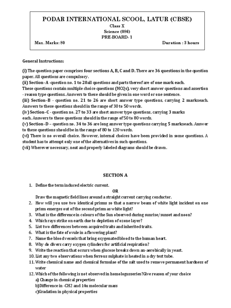Podar International Scool, Latur (Cbse) : Class X Science (086) Pre ...