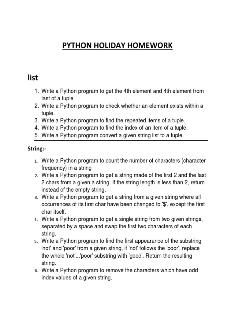 Python Holiday Homework | PDF | String (Computer Science) | Python (Programming Language)