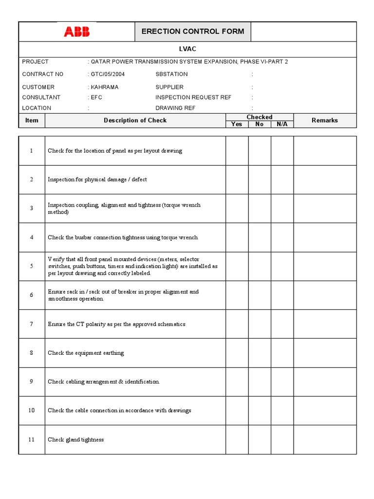 Erection Control Form - Lvac | PDF | Electrical Substation | Electrical ...
